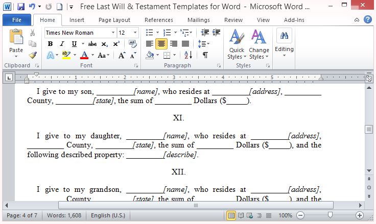 Free Last Will And Testament Template For Word