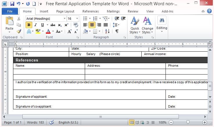 Free Rental Application Template for Word