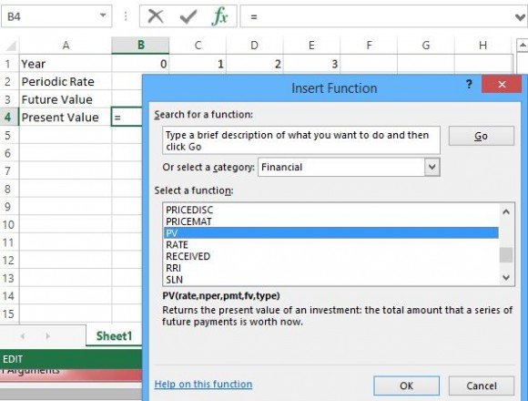 Select the financial and PV function in the insert function box FPPT
