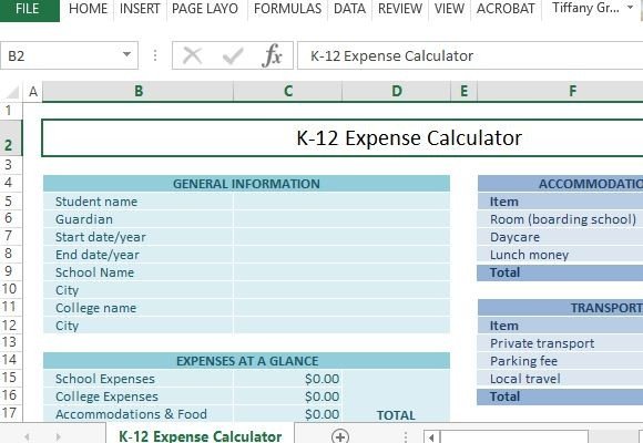 K 12 School Expense Calculator For Excel