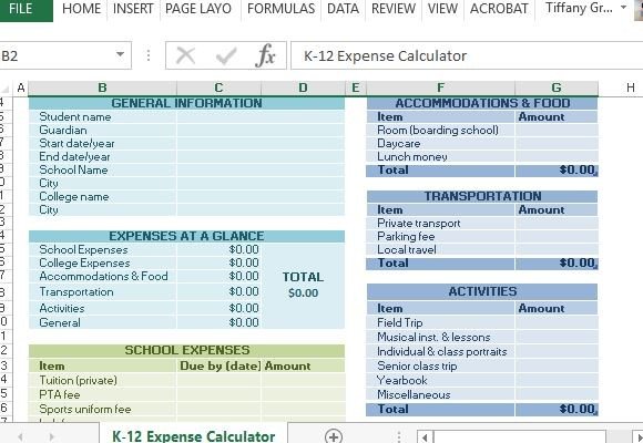 K 12 School Expense Calculator For Excel