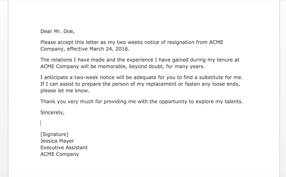 Two Weeks Notice Letter Template Free