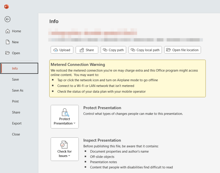 Metered Connection warning in PowerPoint